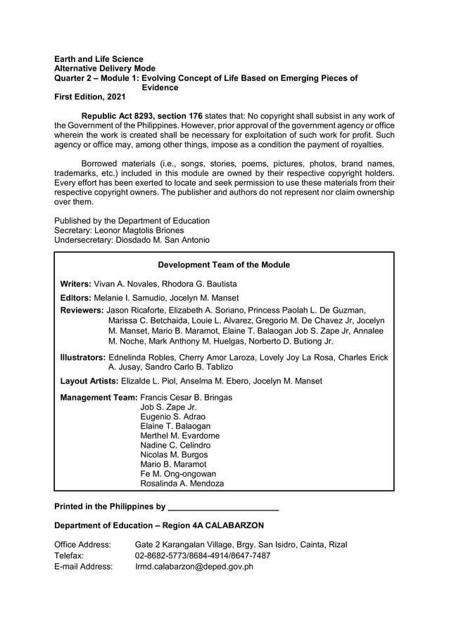 ELS_Q2_Module-1_Evolving-Concept-of-Life-Based-on-Emerging-Pieces-of-Evidence_v2.pdf | Geology ...