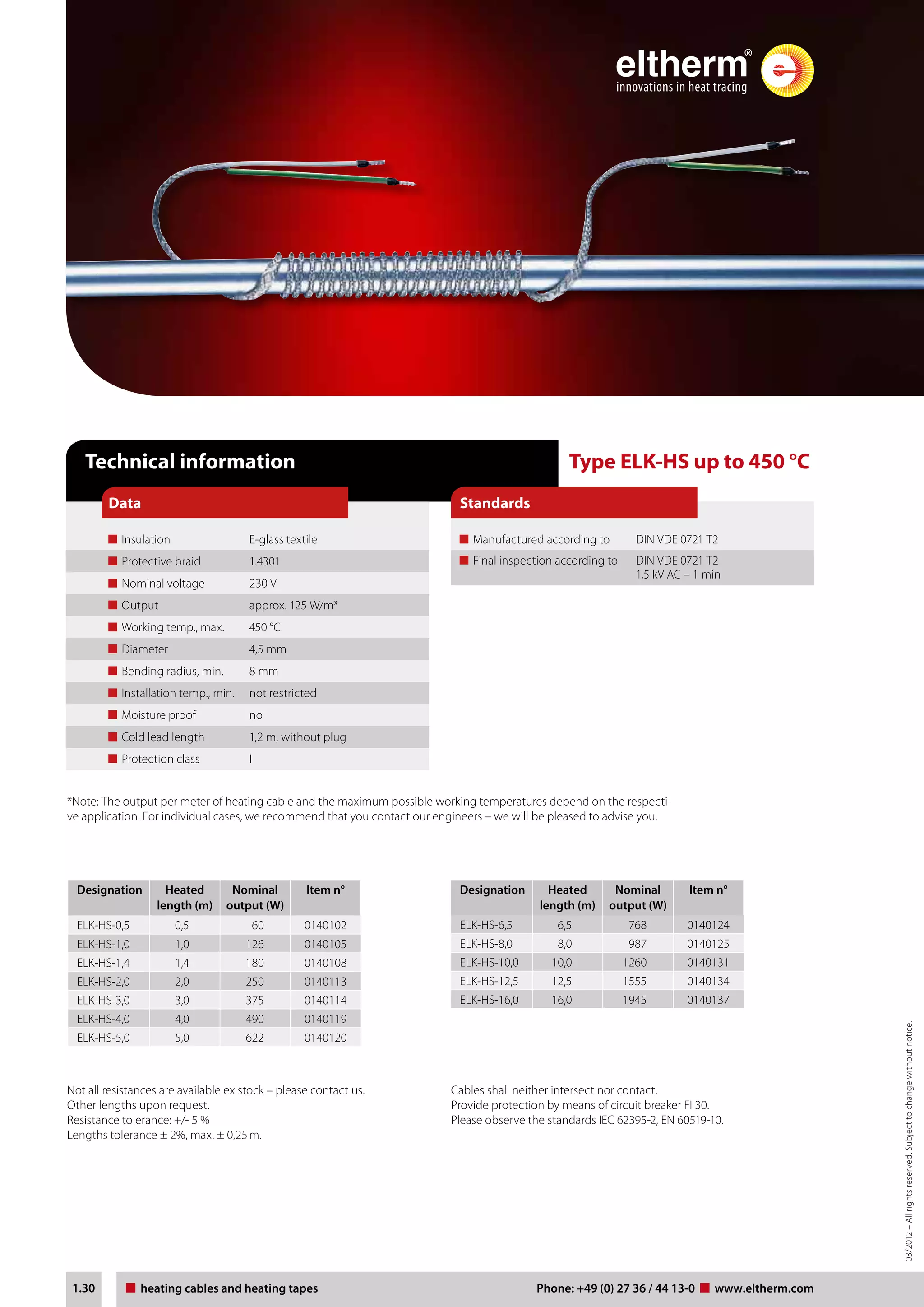 Eltherm ELK-HS Heat Trace Cable - Spec Sheet | PDF