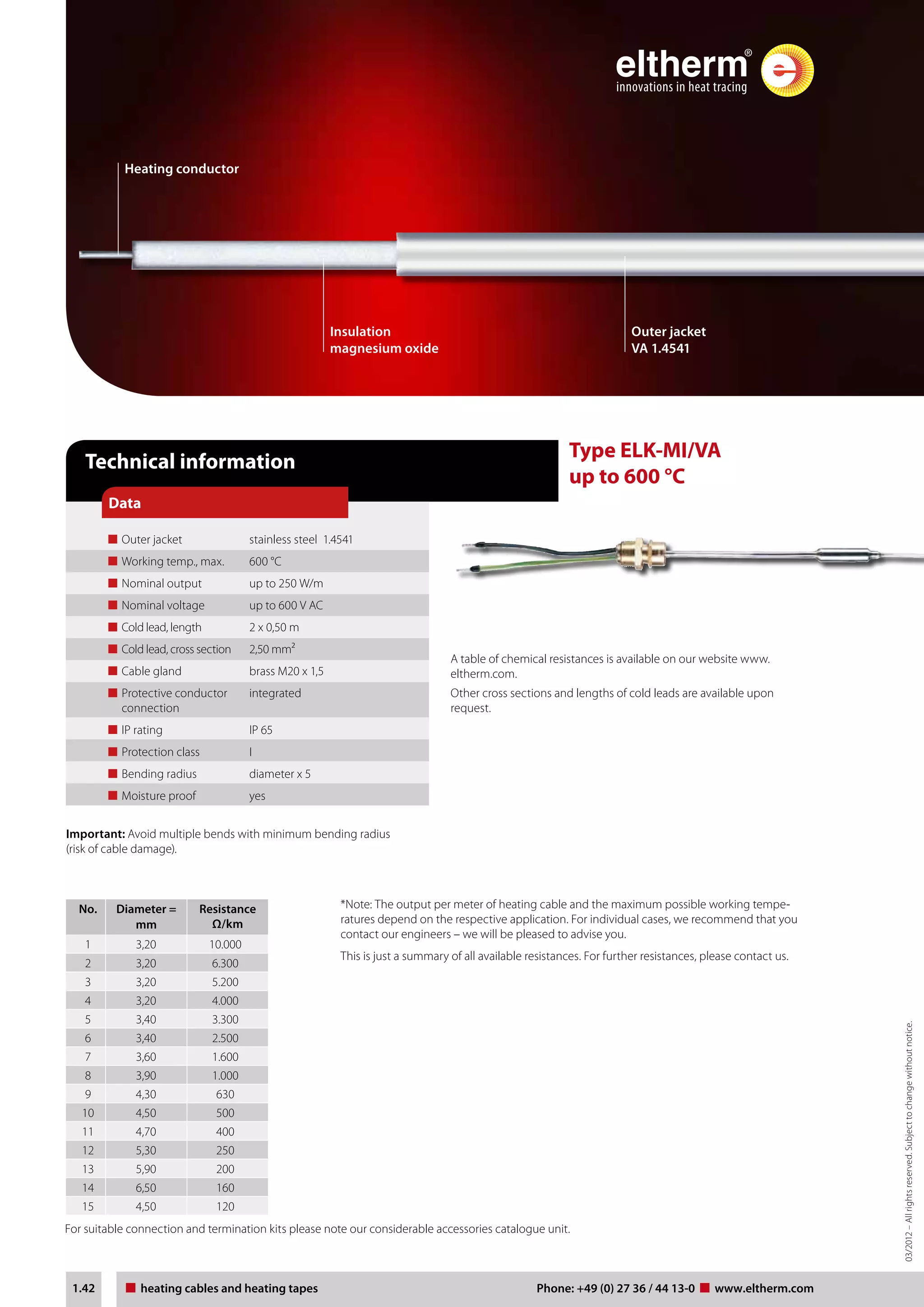 Eltherm ELK-MI/VA Heat Trace Cable - Spec Sheet | PDF