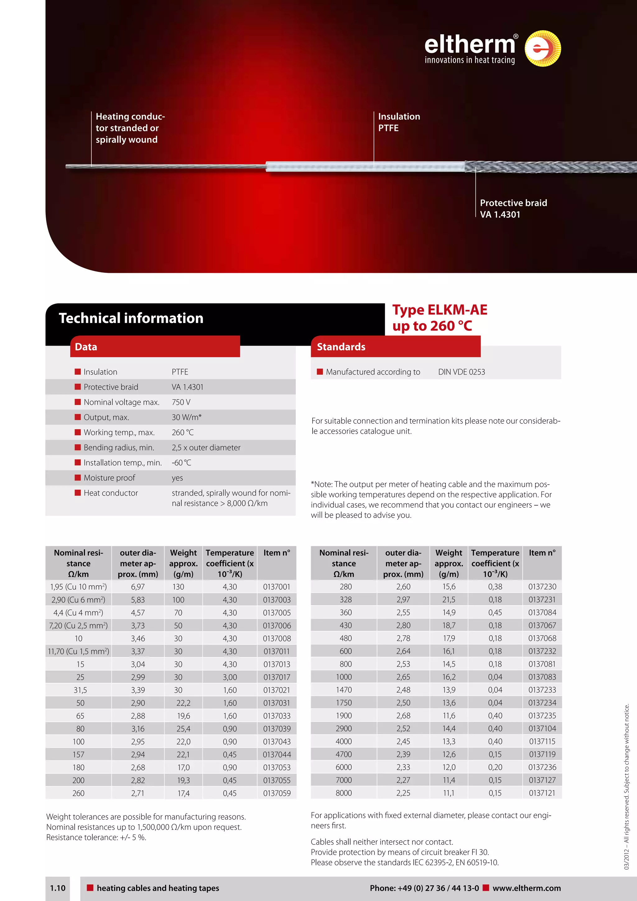 Eltherm ELKM-AE Heat Trace Cable - Spec Sheet | PDF
