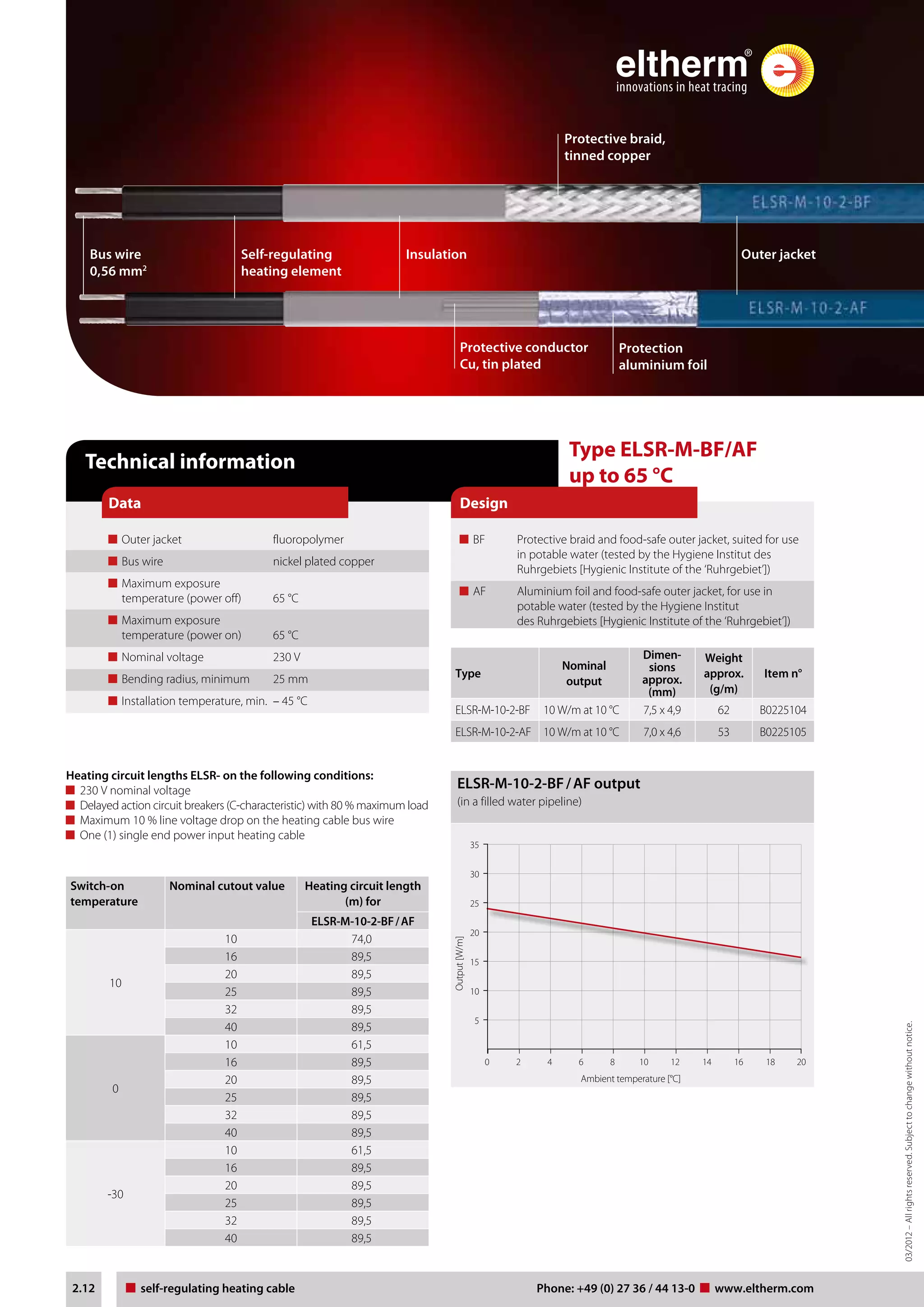 Eltherm ELSR-M-BF/AF Heat Trace Cable - Spec Sheet | PDF