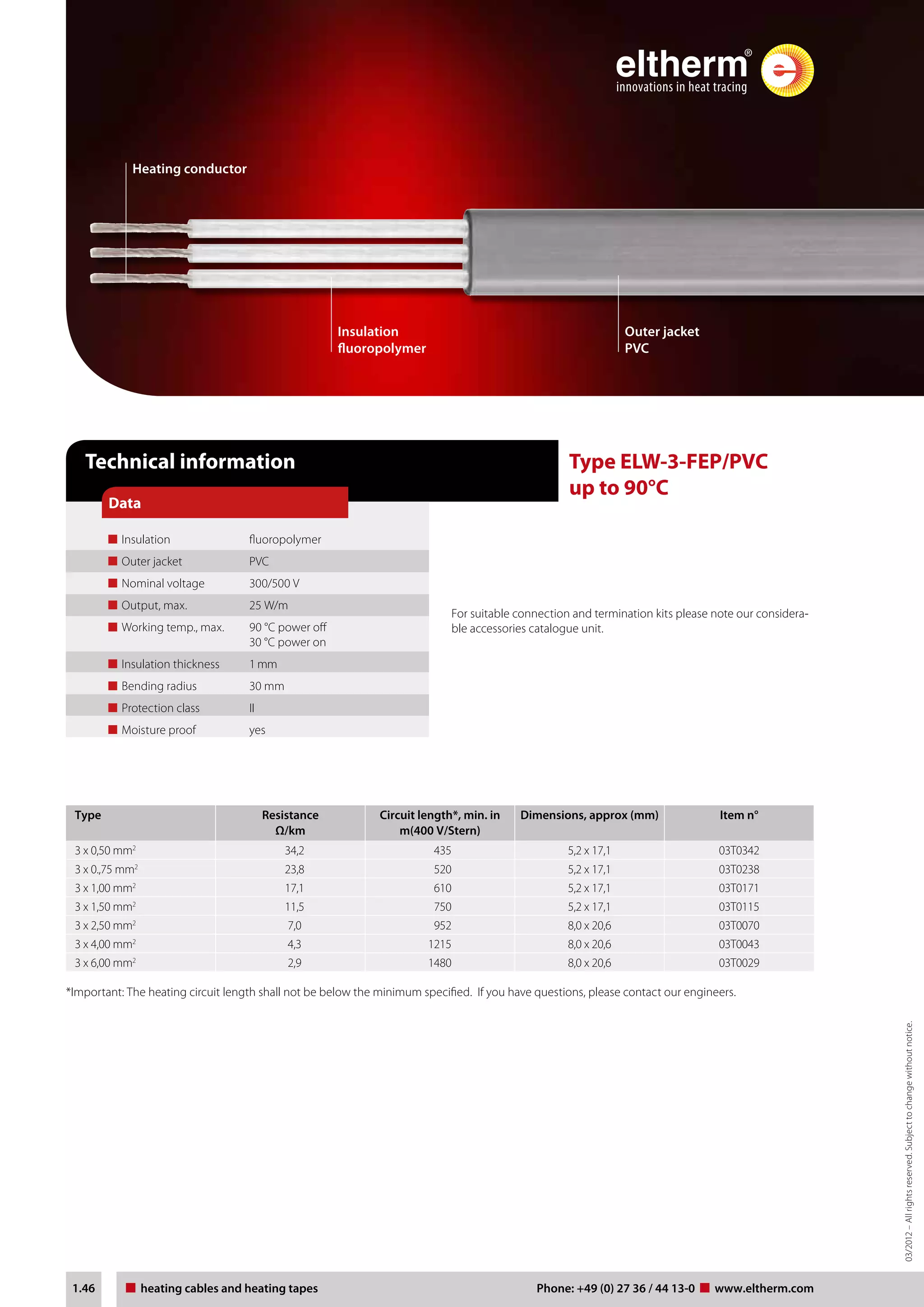 Eltherm ELW 3-FEP/PVC Heat Trace Cable - Spec Sheet | PDF