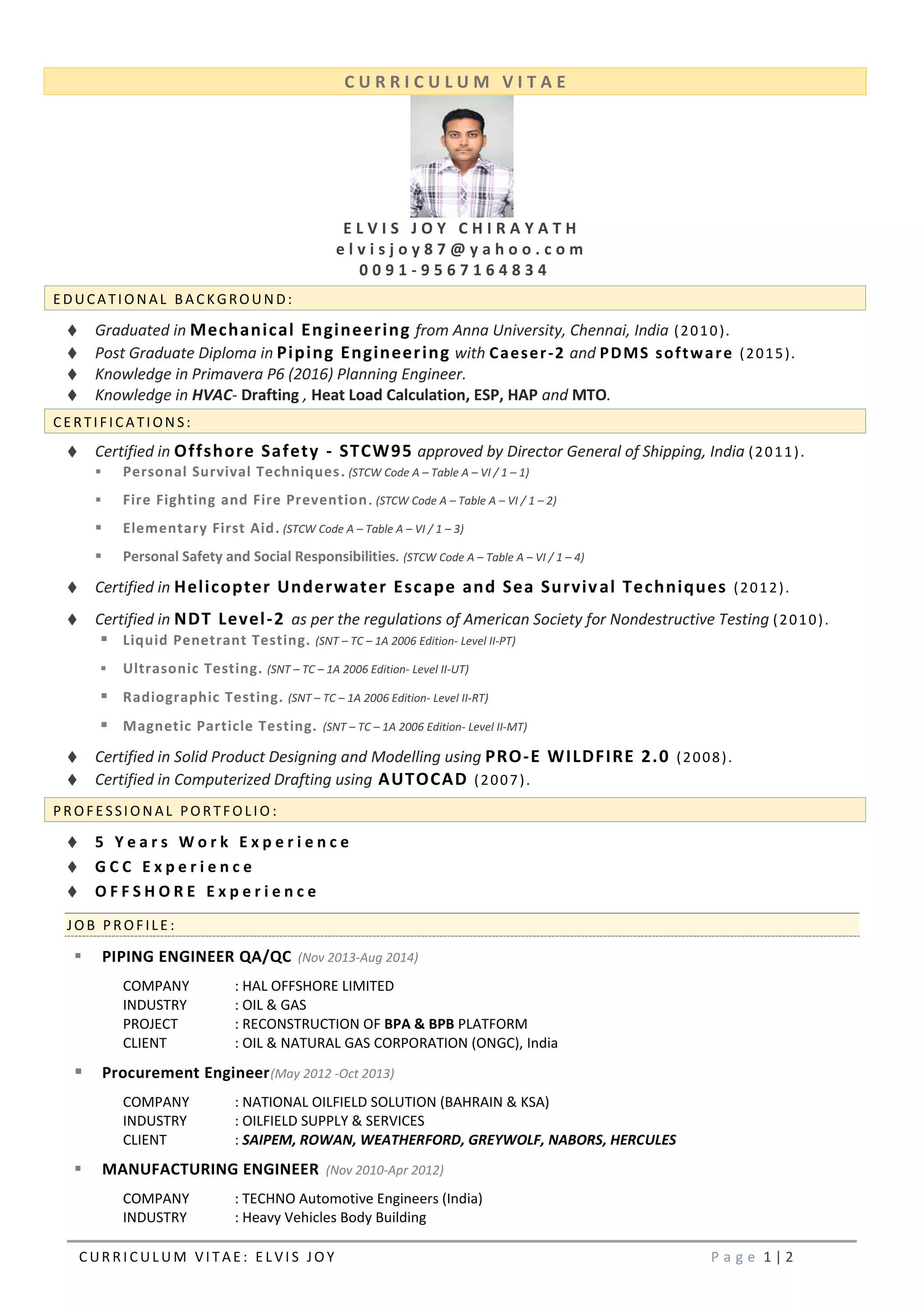 Elvis joy cv- mechanical engineer, primavera p6 hvac | PDF