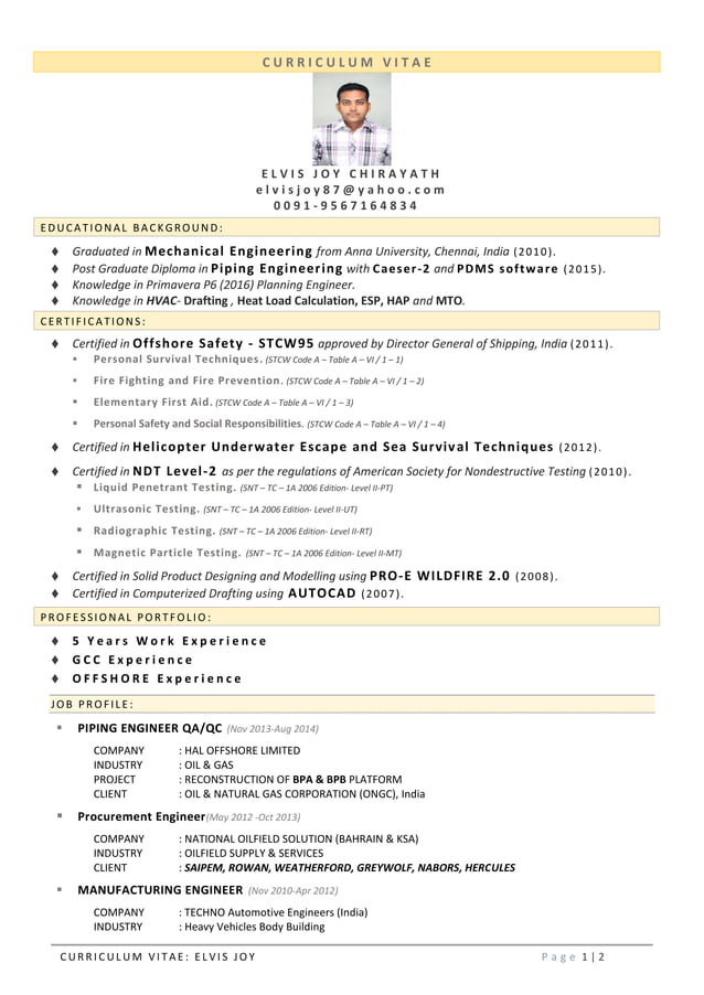 Elvis joy cv- mechanical engineer, primavera p6 hvac | PDF