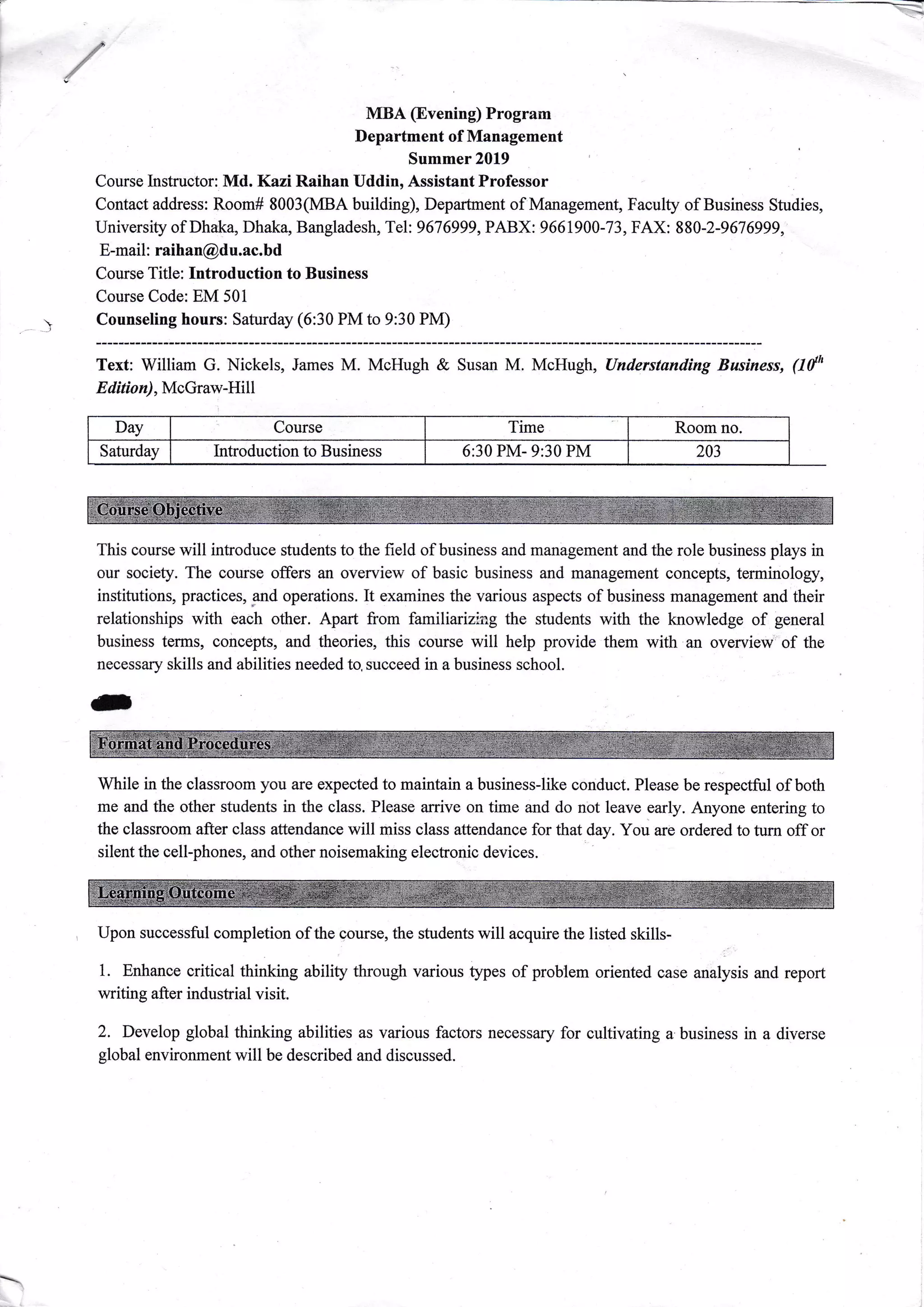 Em 501 introduction to business-course outline | PDF