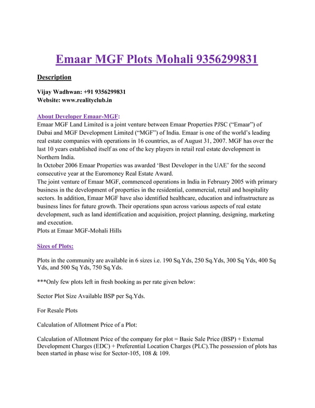 Emaar mgf plots mohali 9356299831 | PDF