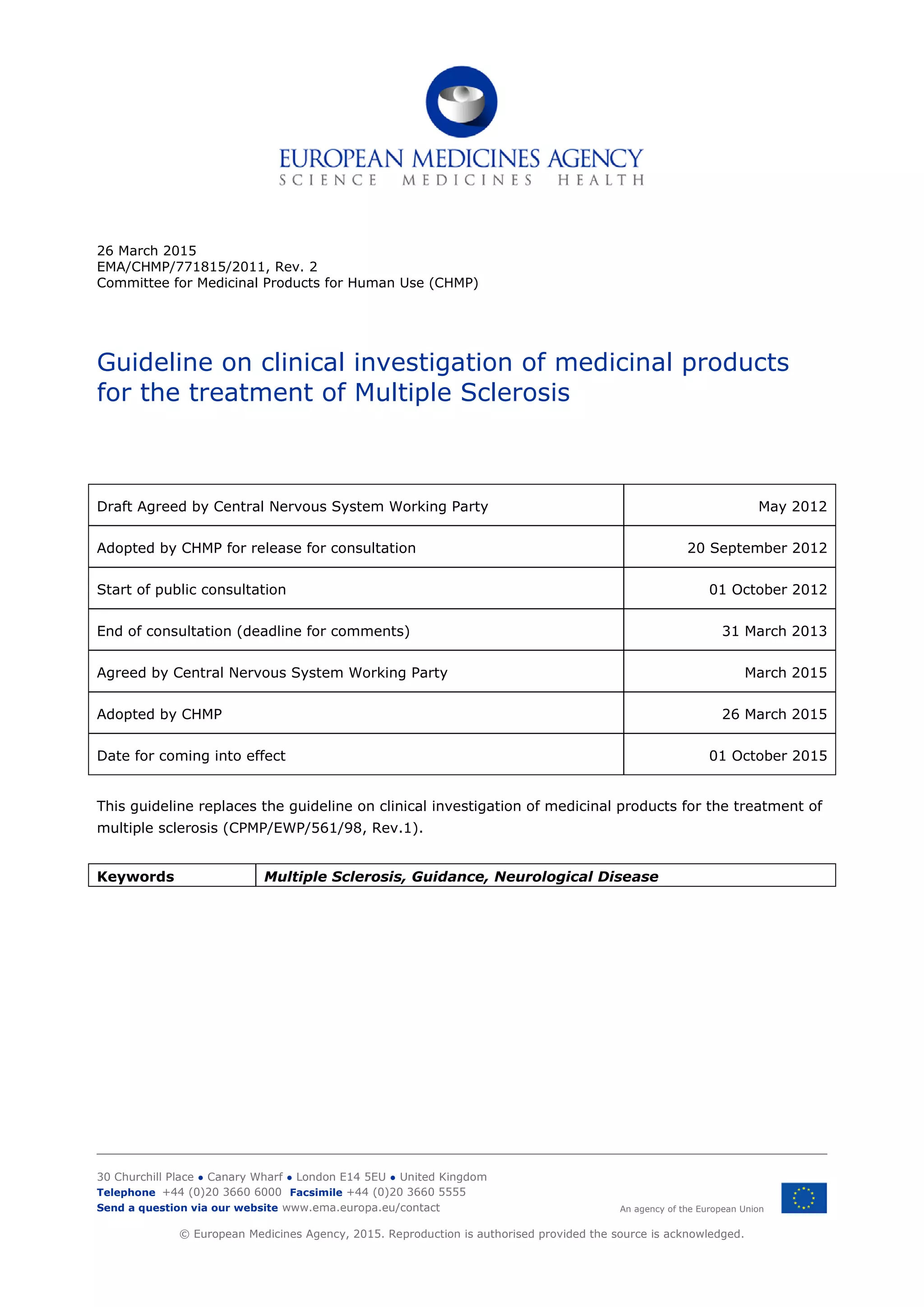 EMA Guideline investigation medicinal products for Multiple Sclerosis ...