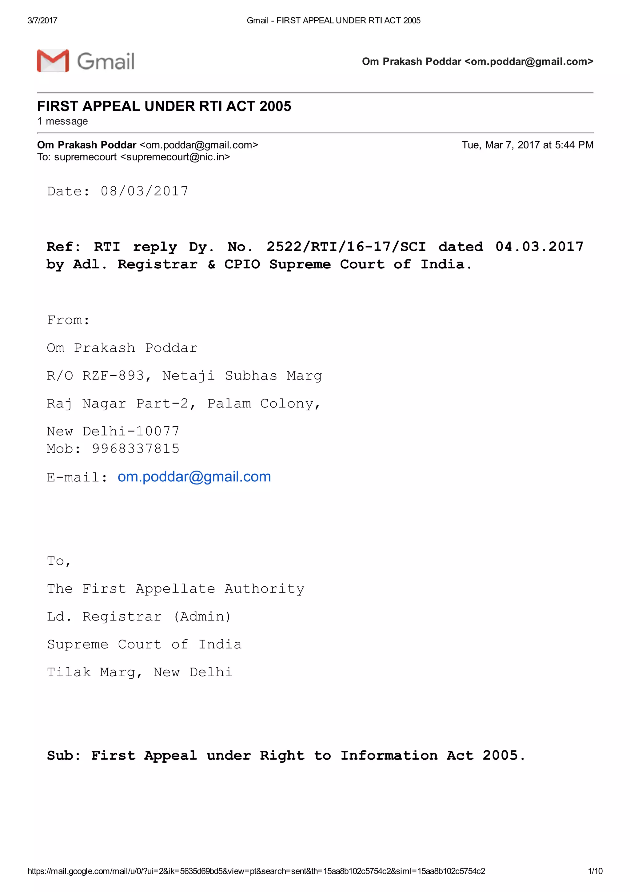First appeal under RTI Act 2005 against Registrar (J-I) Supreme Court ...