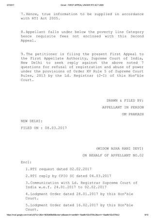 First appeal under RTI Act 2005 against Registrar (J-I) Supreme Court ...