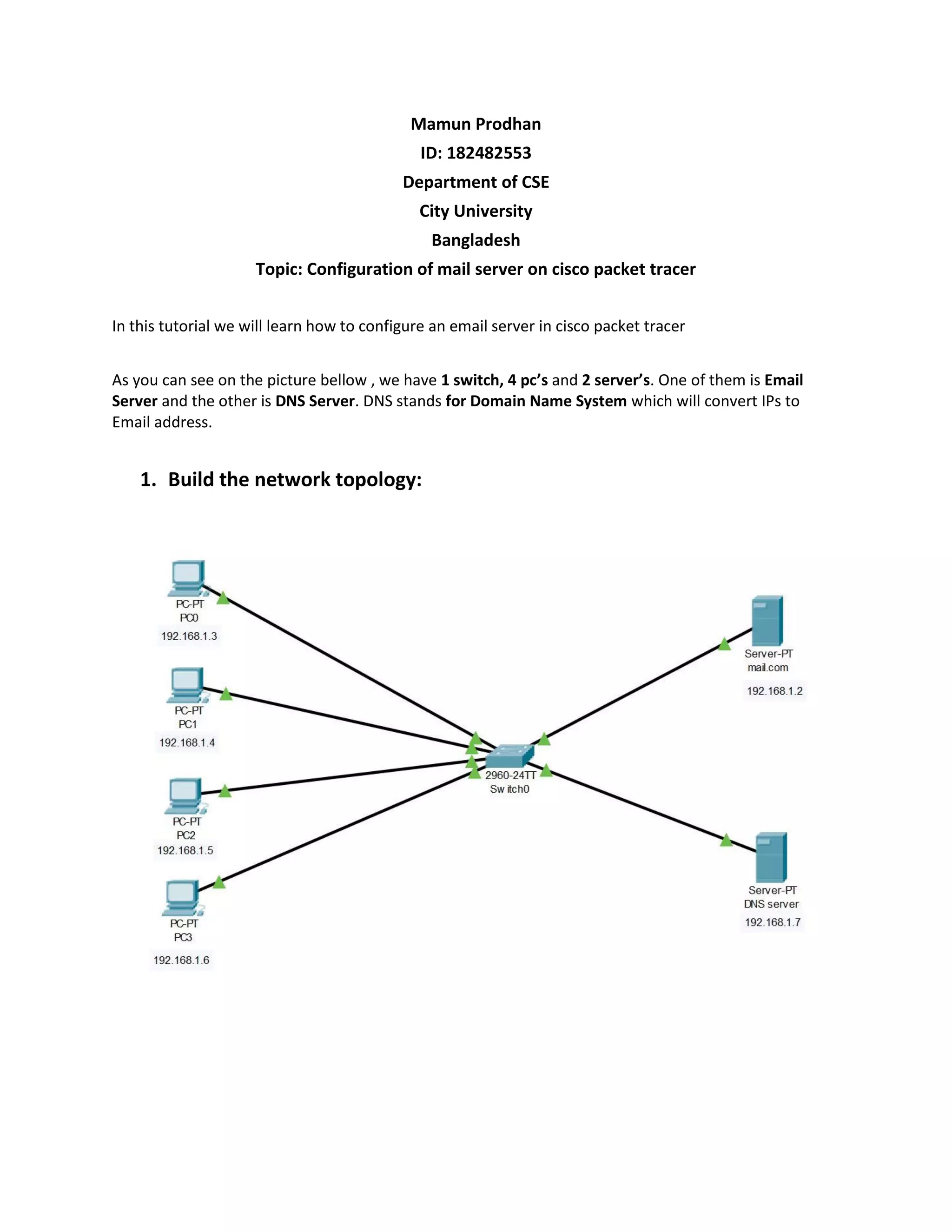 Email server configuration on cisco packet tracer | PDF