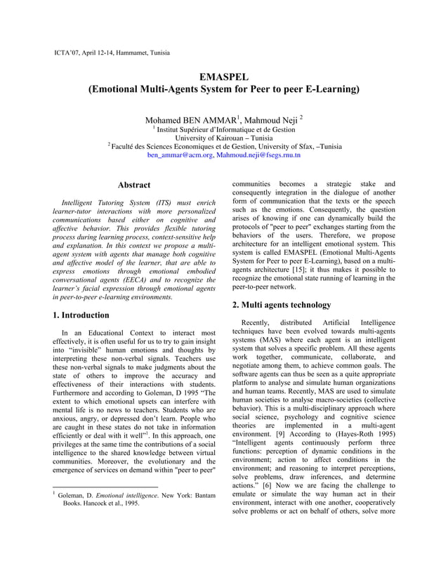 Emotional Multi-Agents System for Peer to peer E-Learning | PDF