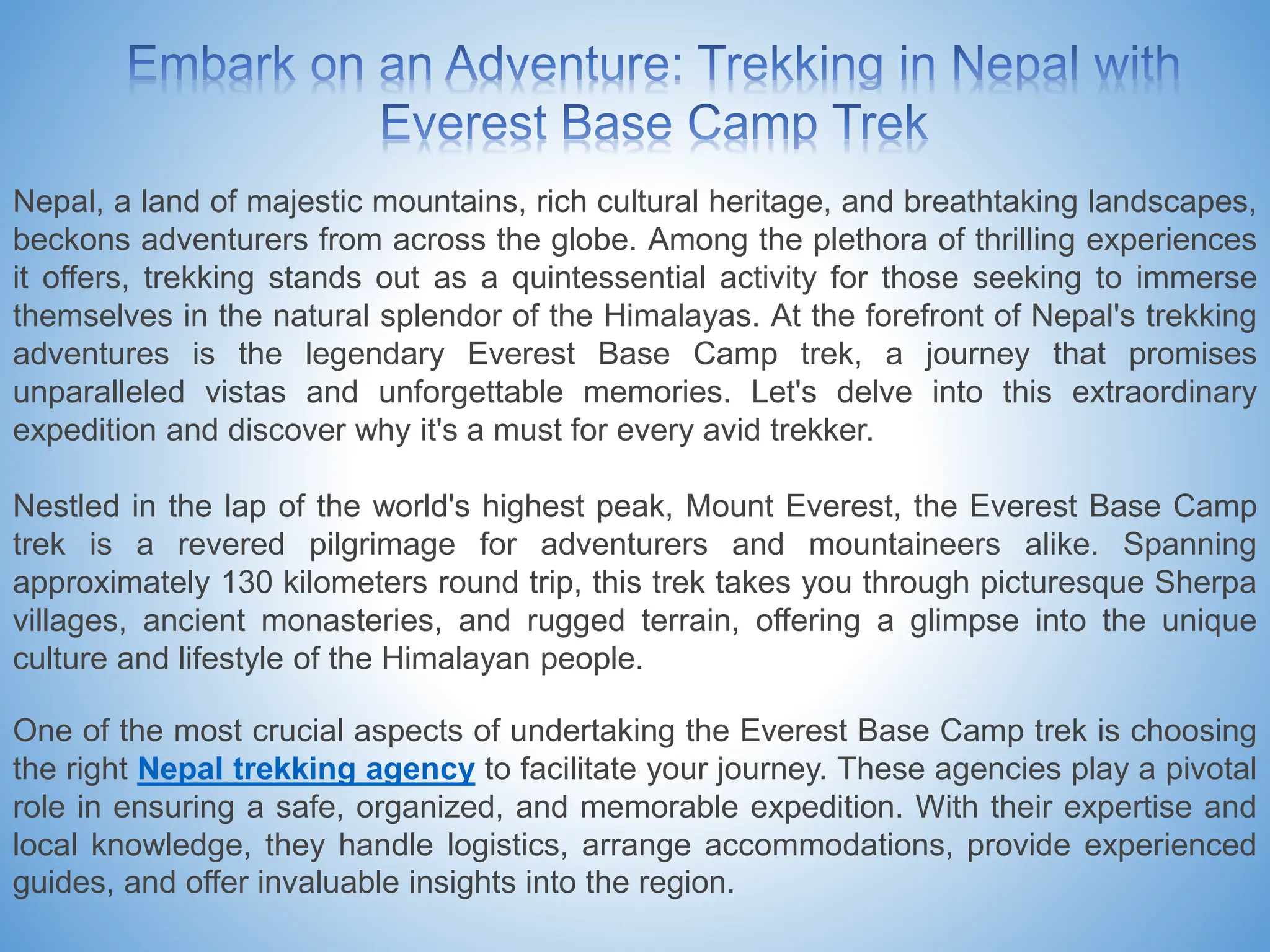 Embark on an Adventure: Trekking in Nepal with Everest Base Camp Trek | PPTX | Outdoor ...