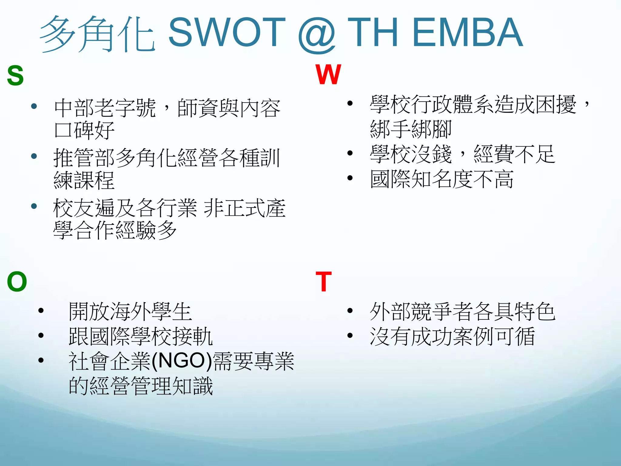 SWOT Analysis for Taichung EMBA program | PPT