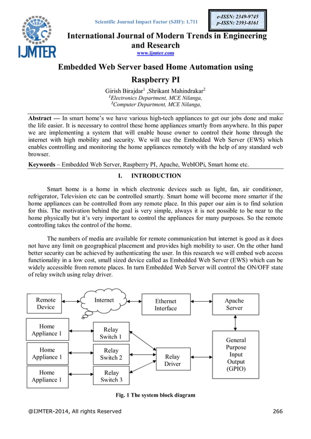 Embedded Web Server based Home Automation using Raspberry PI | PDF