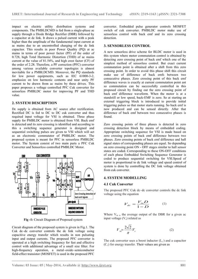 Embedded based sensorless control of pmbldc motor with voltage controlled pfc cuk converter for ...