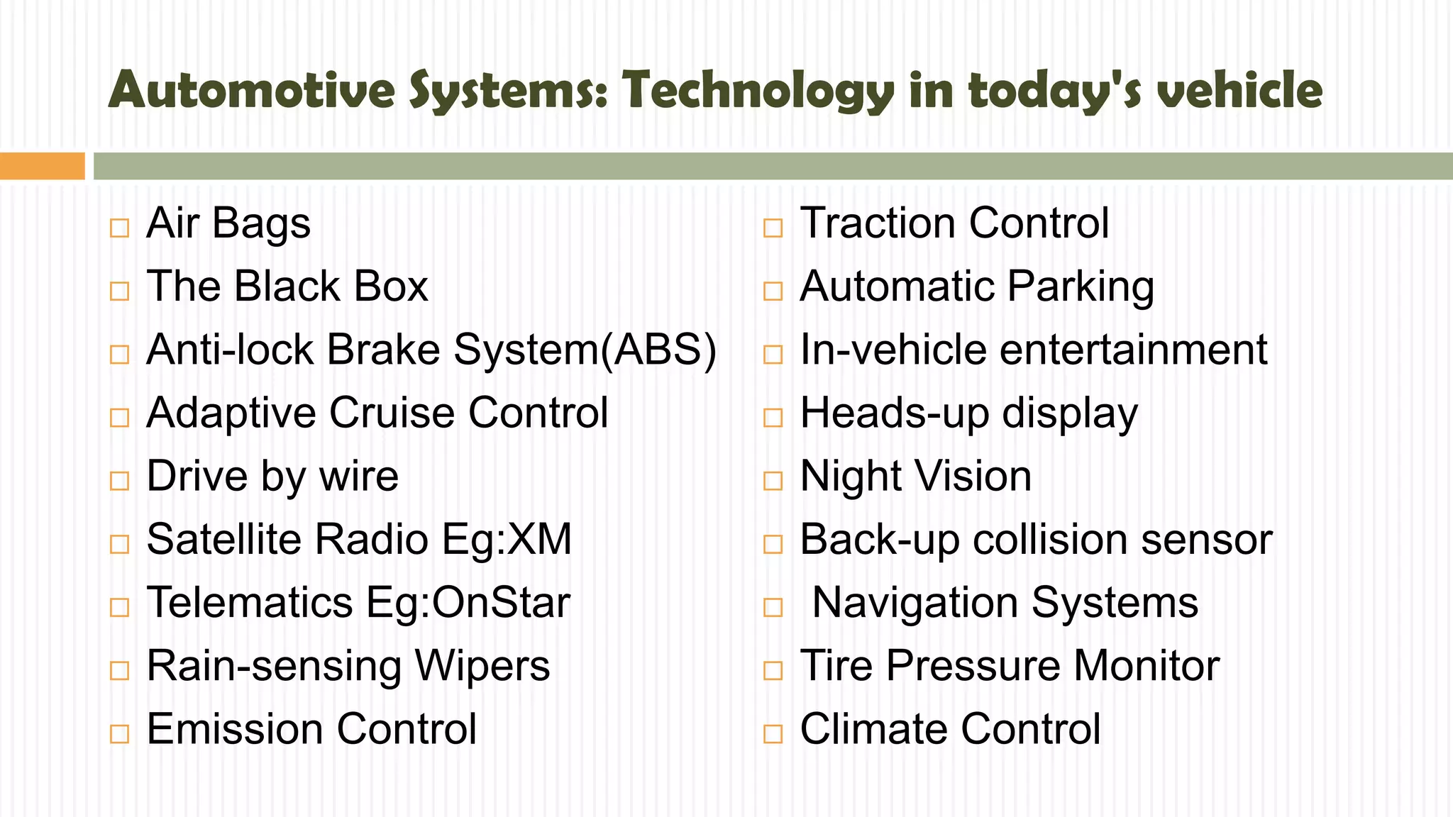 Embedded system in automobile | PPTX | Auto Safety Technologies | Auto Technology