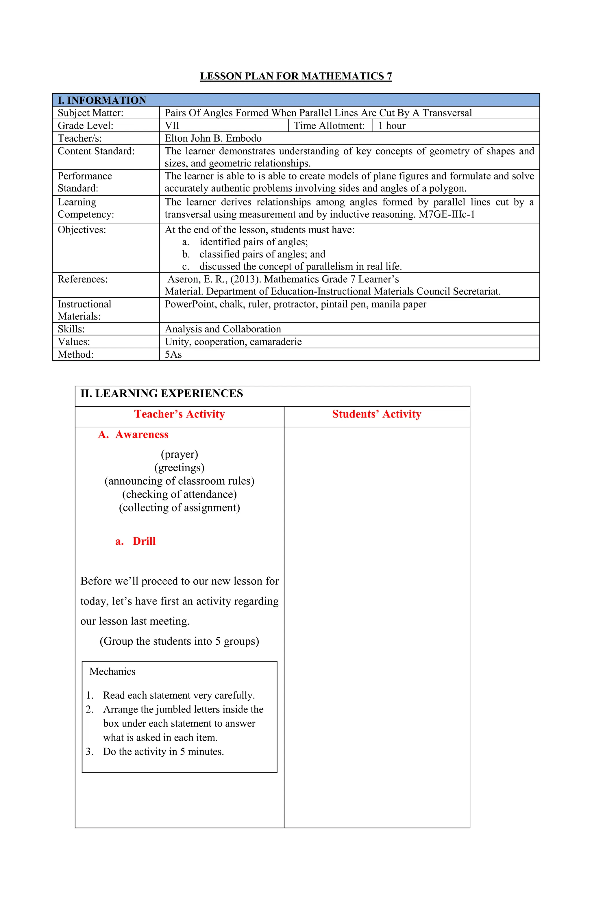 Grade-7 5As Lesson Plan on Pairs of Angles formed by Parallel Lines Cut ...