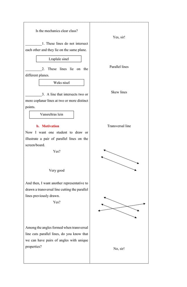 Grade-7 5As Lesson Plan on Pairs of Angles formed by Parallel Lines Cut ...