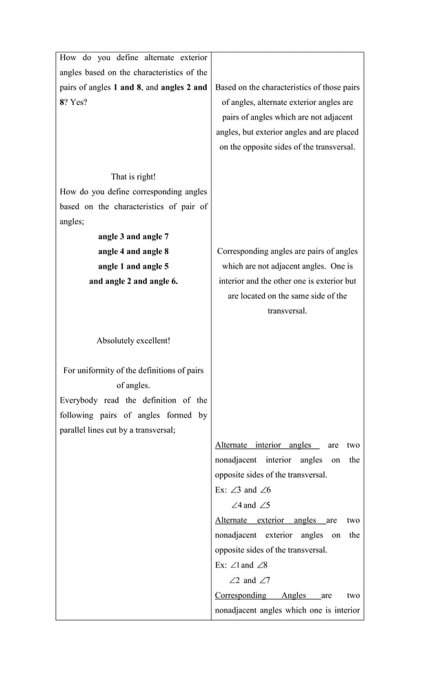 Grade-7 5As Lesson Plan on Pairs of Angles formed by Parallel Lines Cut ...