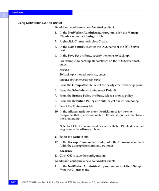 EMC NetWorker Module for Microsoft SQL Server, Release 5.0 | PDF