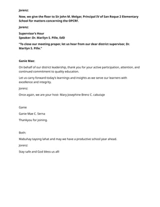emcee script district meeting for Elementary | DOCX