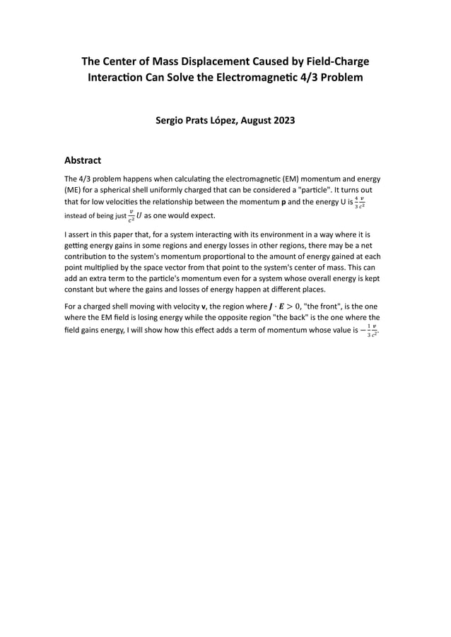 The Center of Mass Displacement Caused by Field-Charge Interaction Can ...