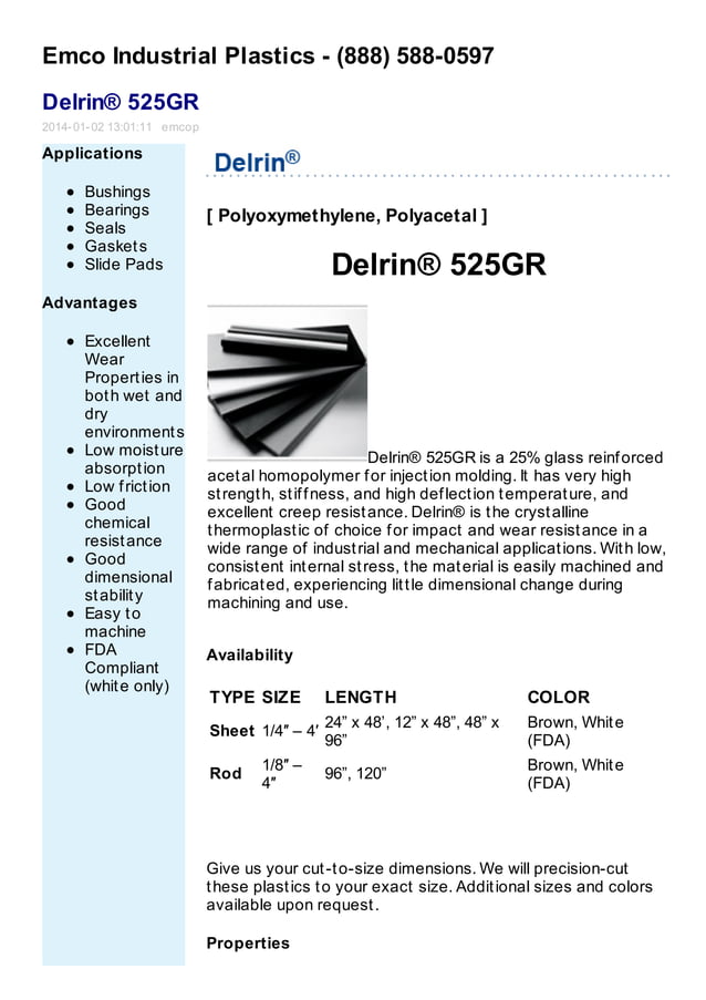Delrin 525GR Properties and Product Information | PDF