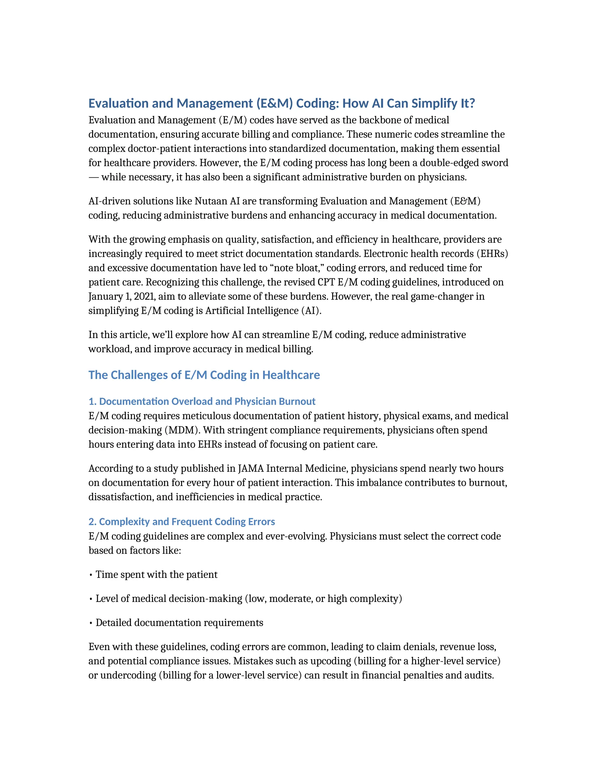 Evaluation and Management (E&M) Coding: Nutaan AI | DOCX