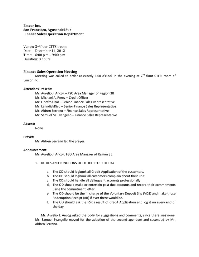Sample of Minutes | DOCX | Business Accounting & Finance | Business
