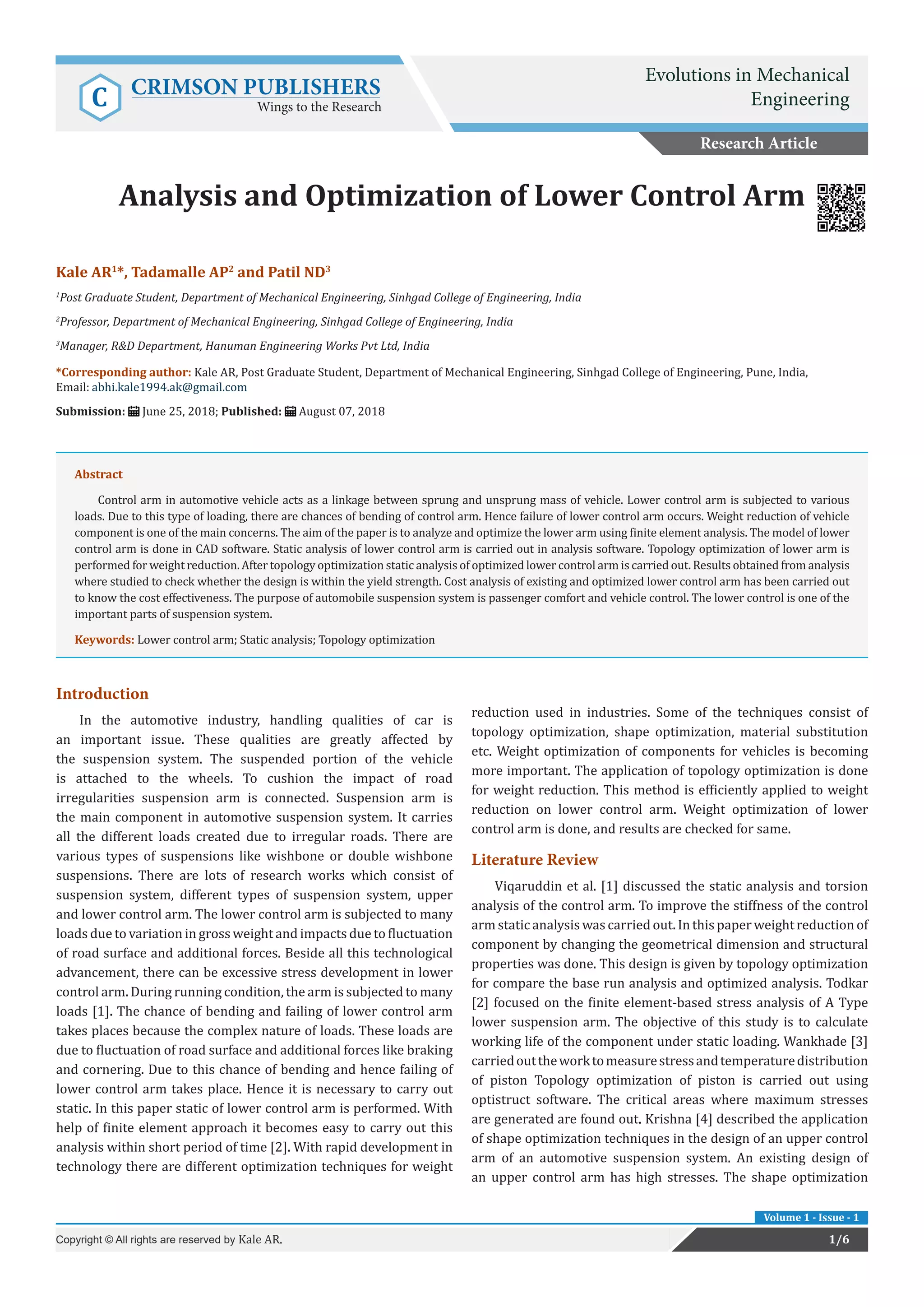 Evolutions in Mechanical Engineering-Analysis and Optimization of Lower Control Arm | PDF