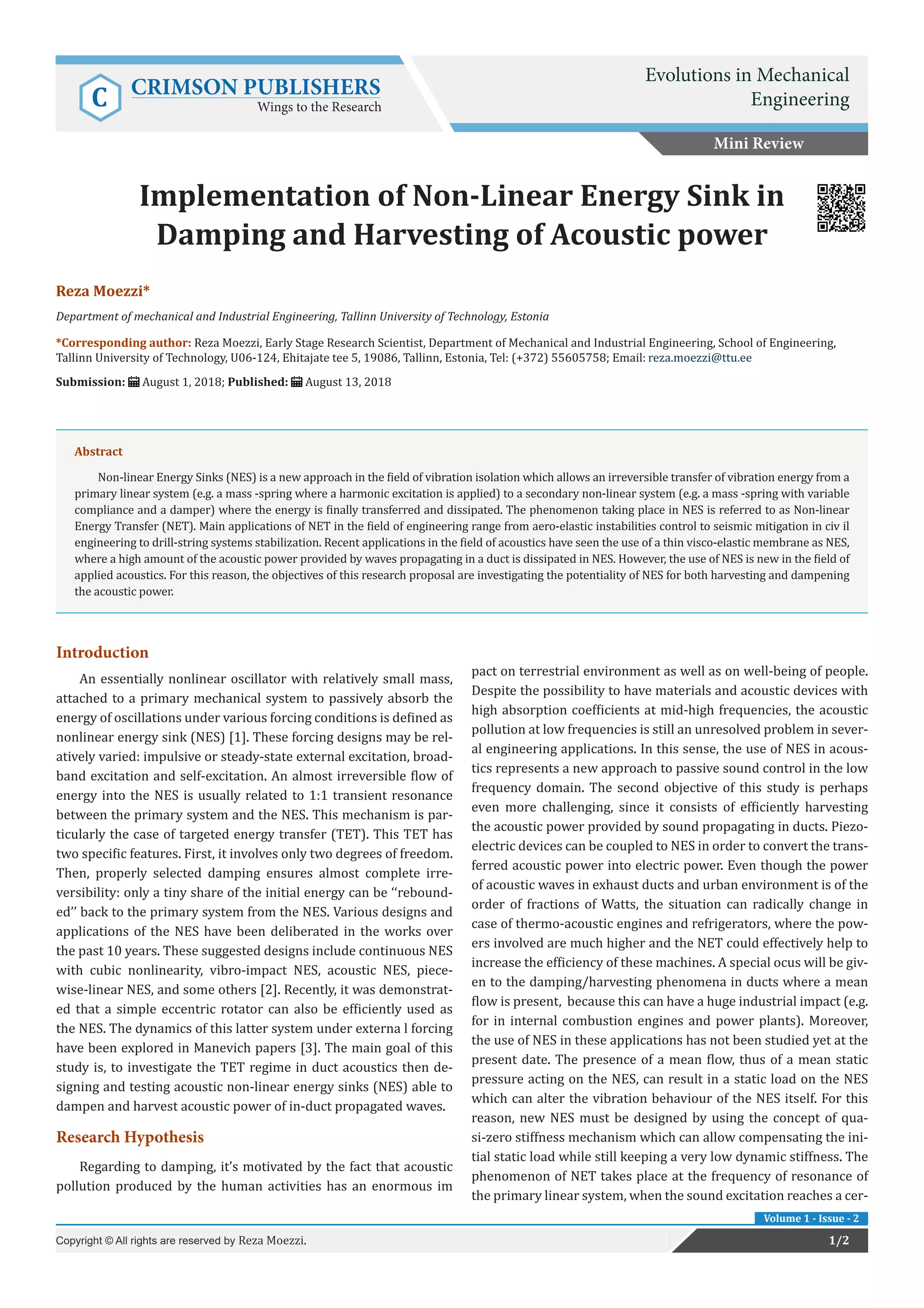 Crimson Publishers-Implementation of Non-Linear Energy Sink in Damping and Harvesting of ...