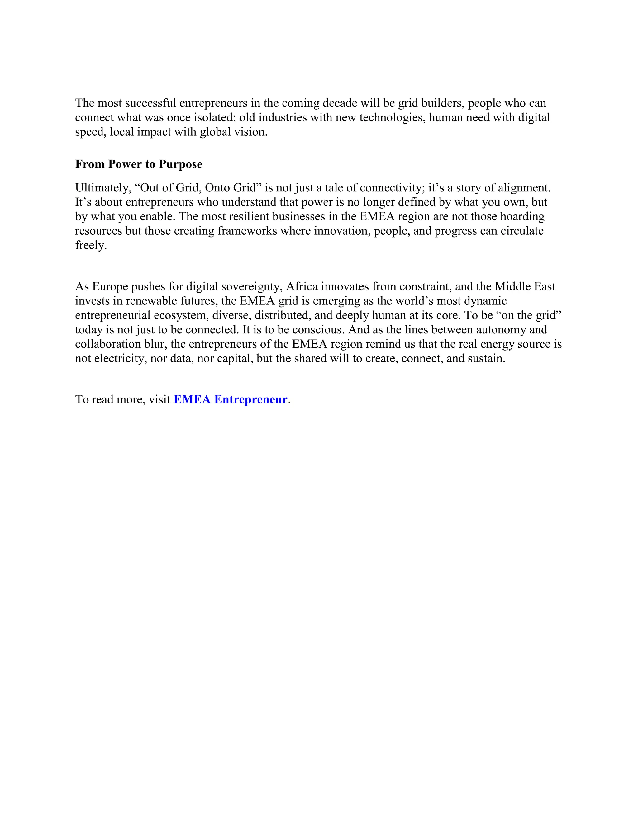 EMEA E_Out of Grid, Onto Grid-EMEA Entrepreneur | PDF