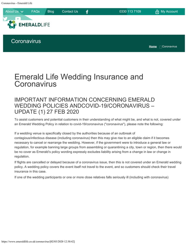Emerald life wedding insurance and coronavirus | PDF