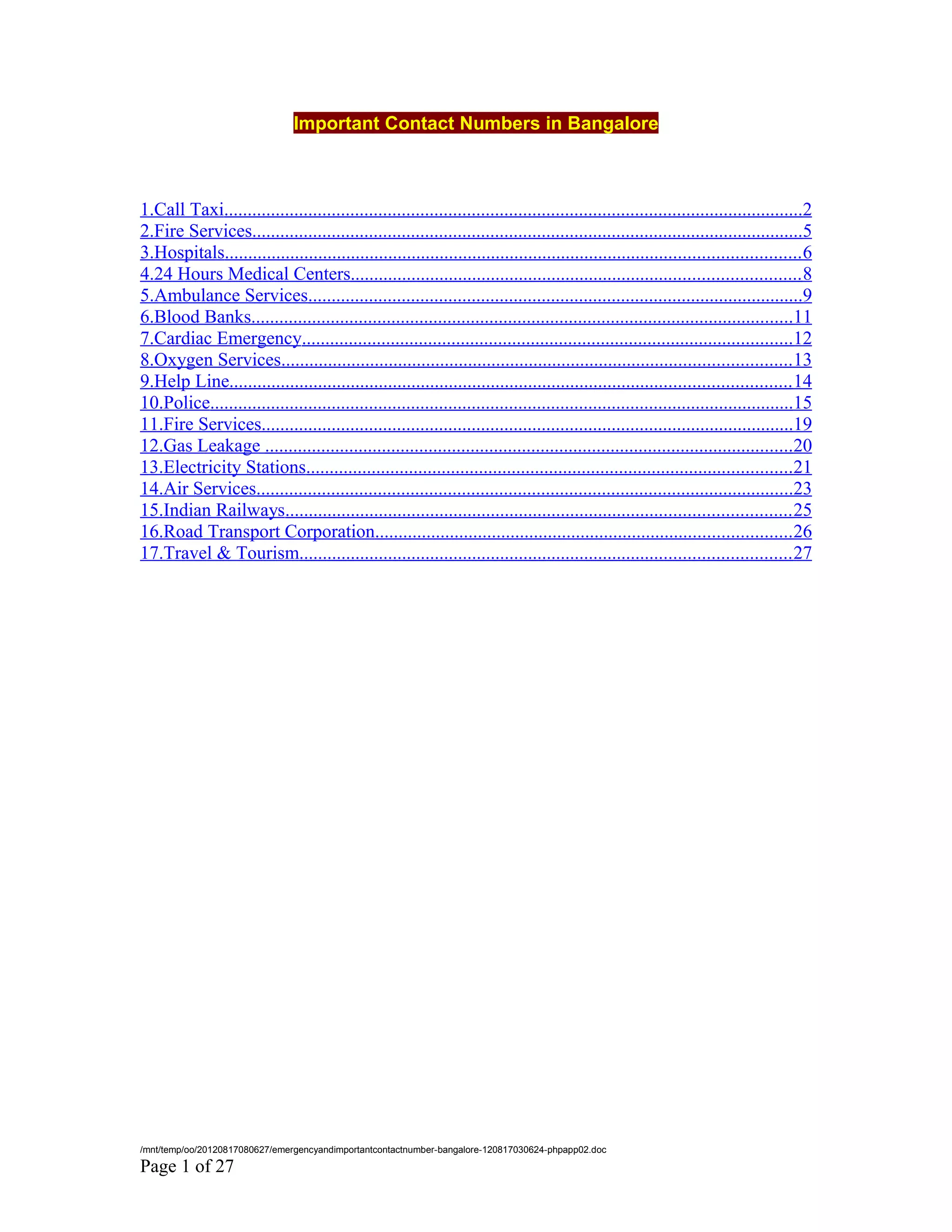 Emergency and important contact number bangalore | DOC