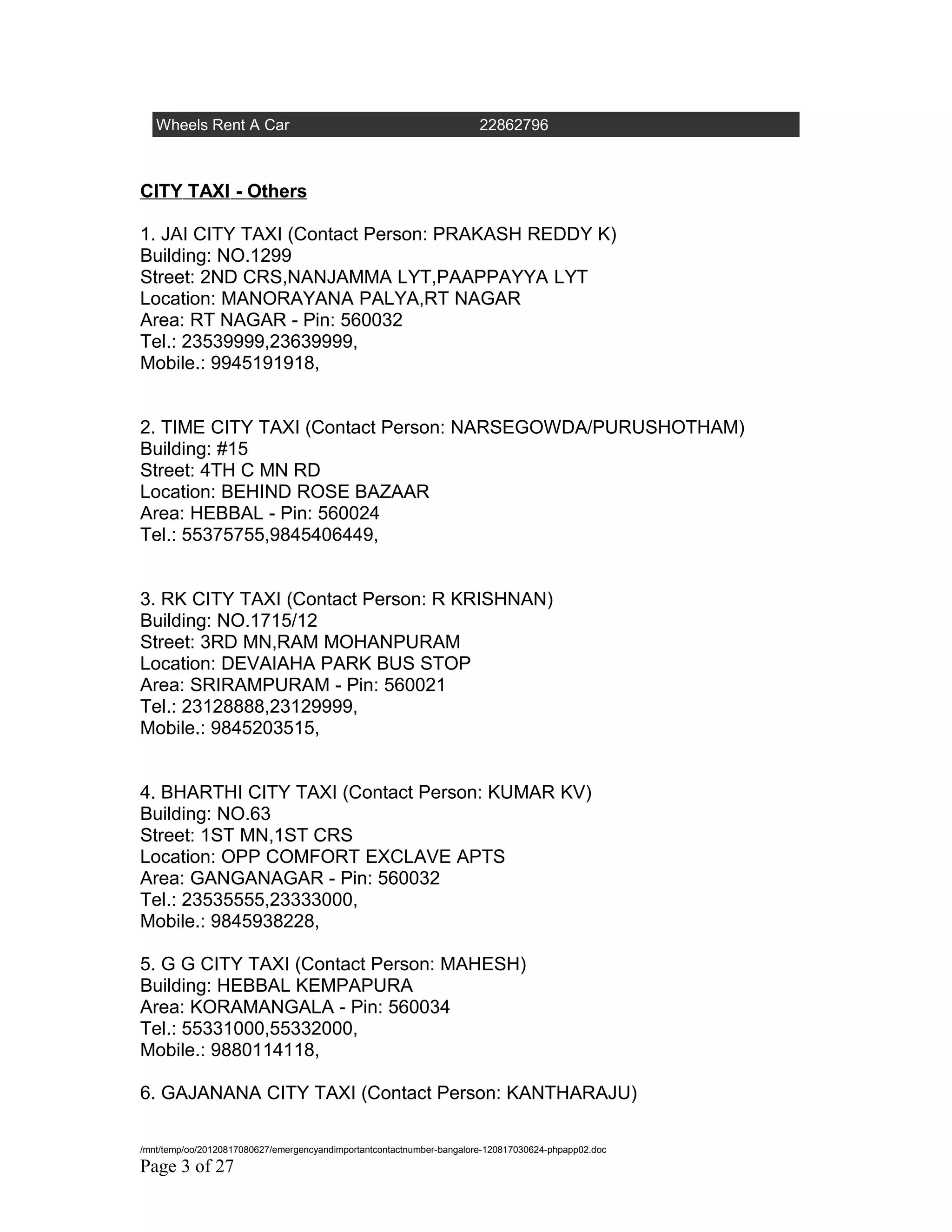 Emergency and important contact number bangalore | DOC