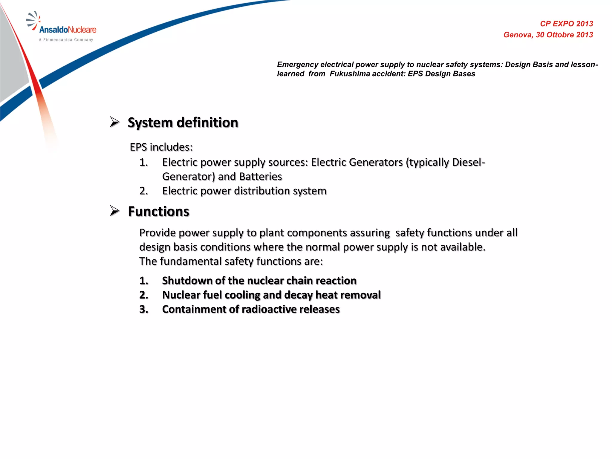 Emergency Electrical Power Supply to Nuclear Safety Systems: design basis and lesson learned ...