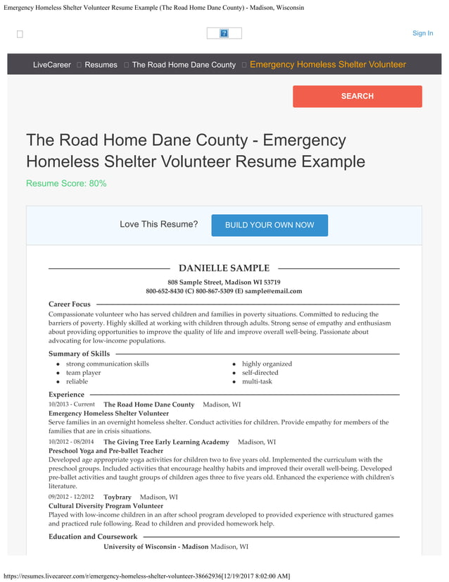 Emergency homeless shelter volunteer resume example (the road home dane ...