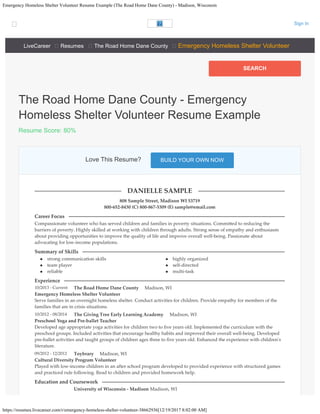 Emergency homeless shelter volunteer resume example (the road home dane ...