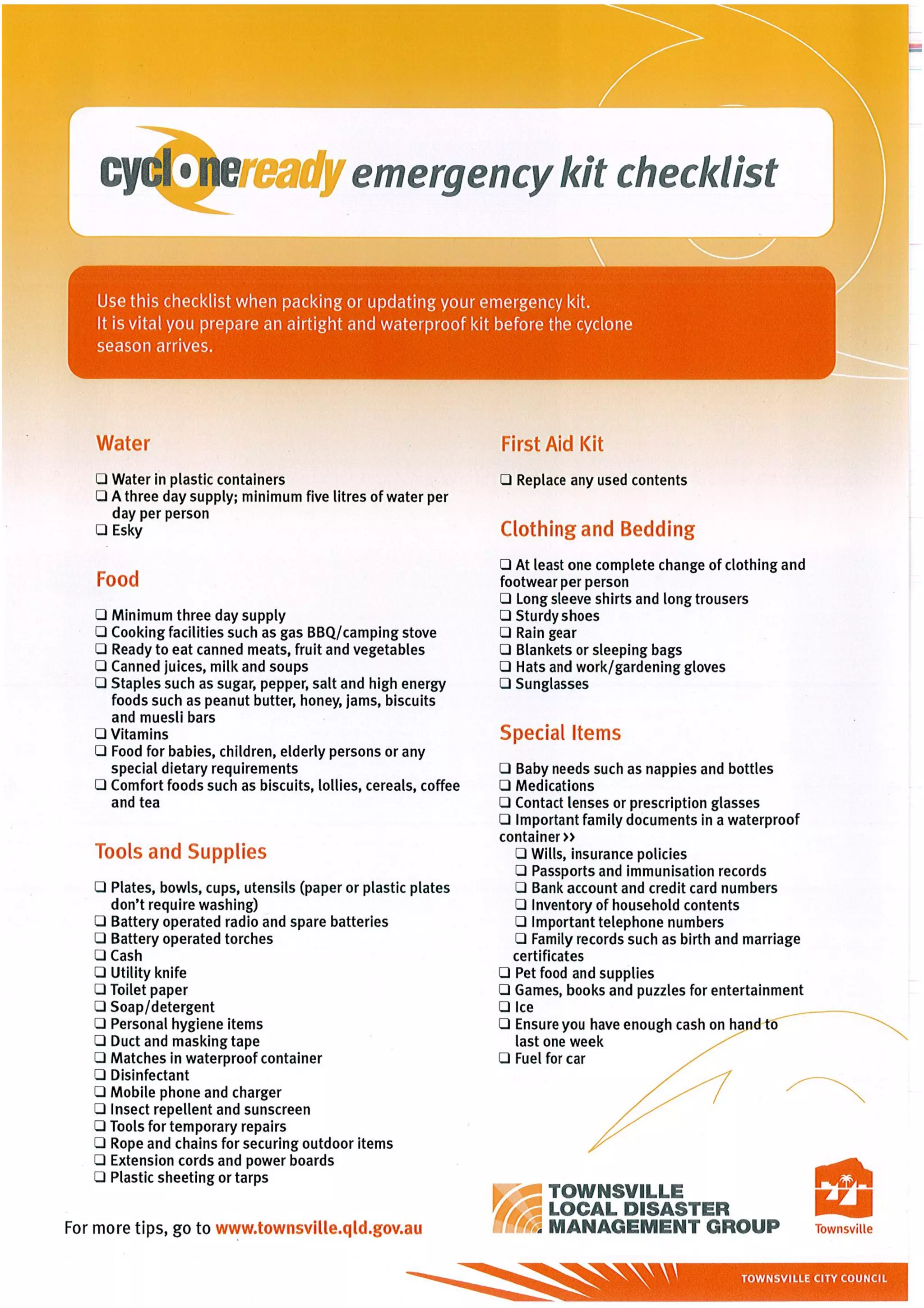 Emergency Kit Checklist Townsville City Council | PDF
