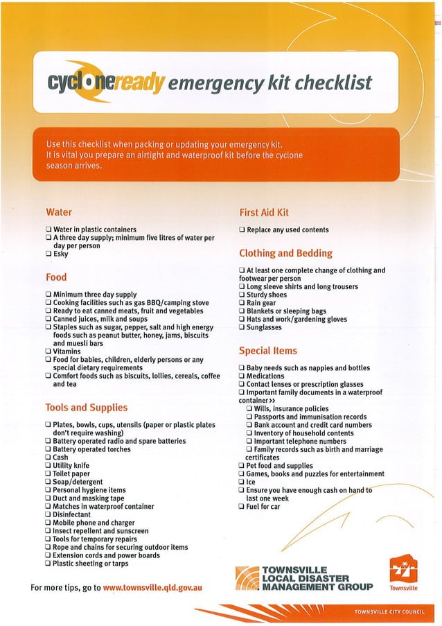 Emergency Kit Checklist Townsville City Council | PDF