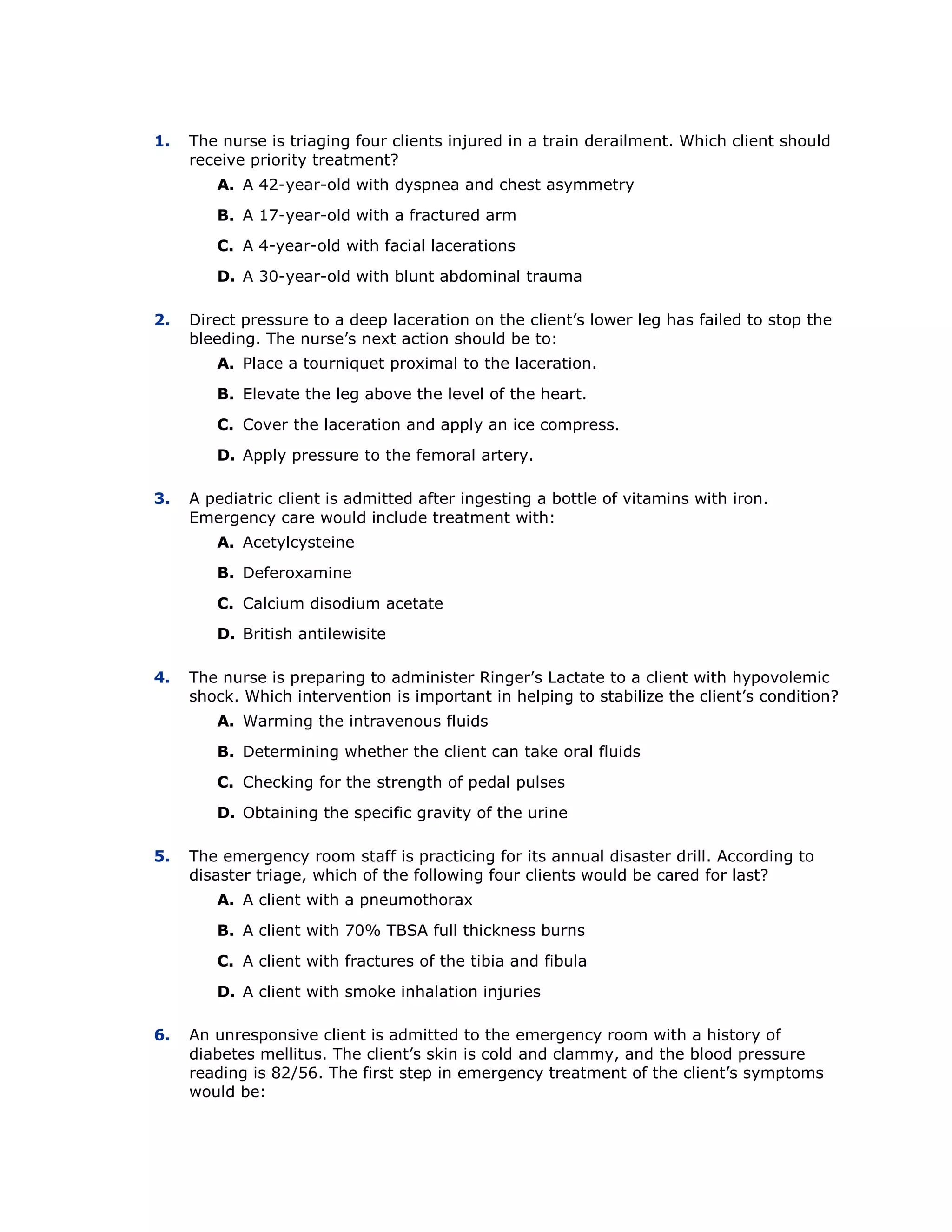 Emergency Nursing Practice Questions | PDF