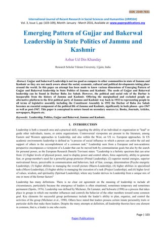 Emerging Pattern of Gujjar and Bakerwal Leadership in State Politics of ...