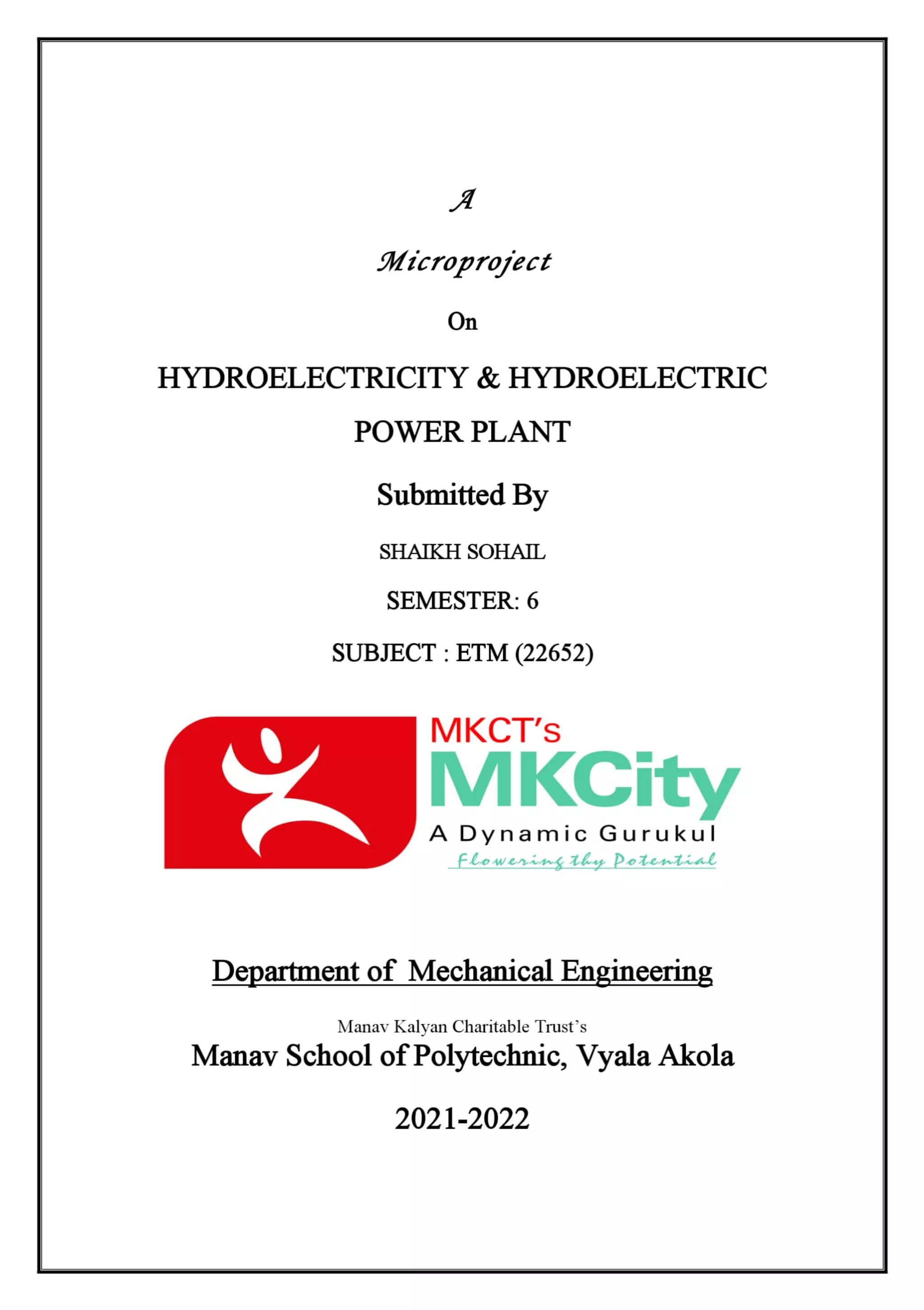 MICRO PROJECT ON , HYDROELECTRICITY & HYDROELECTRIC POWER PLANT | PDF