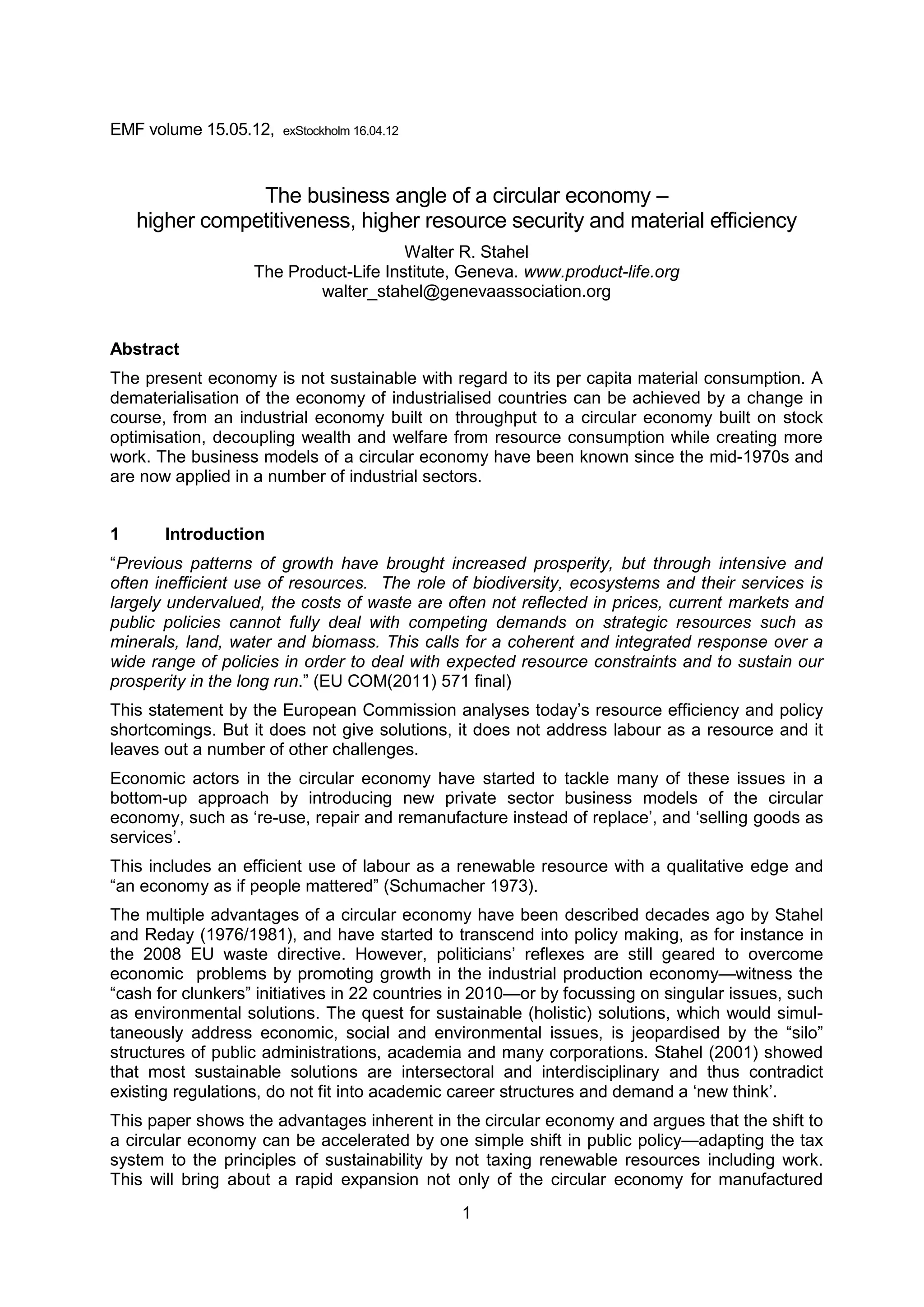 article Walter Stahel on Circular Economy | PDF