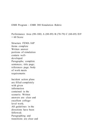 EMH Program – EMH 380 Simulation Rubric Performance Are | PDF