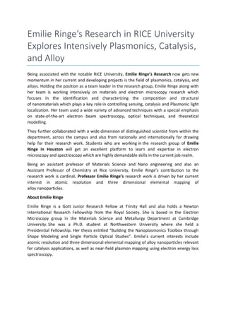 Emilie ringe’s research in rice university explores intensively plasmonics, catalysis, and alloy ...