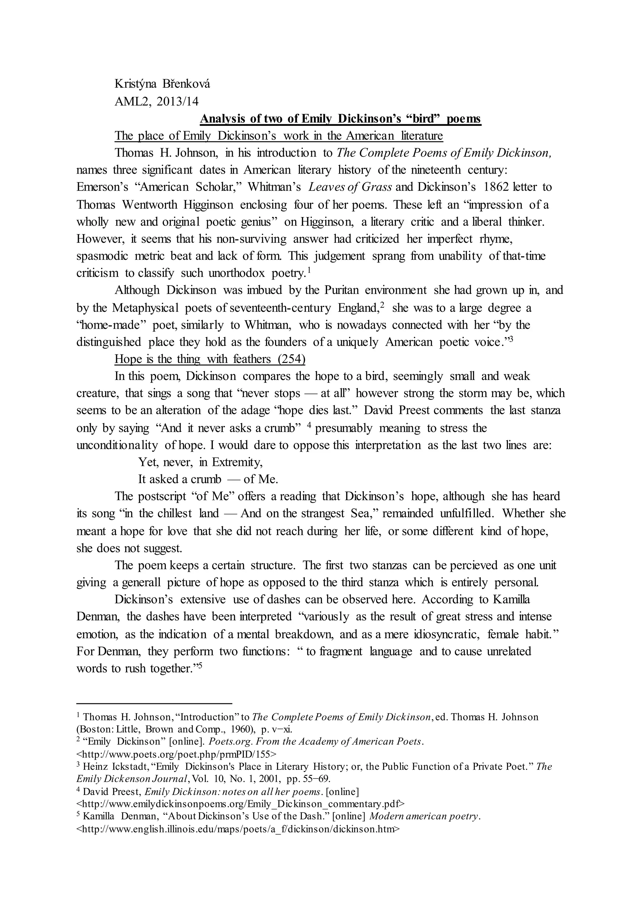 Analysis of Two of Emily Dickinson’s “Bird” Poems | PDF