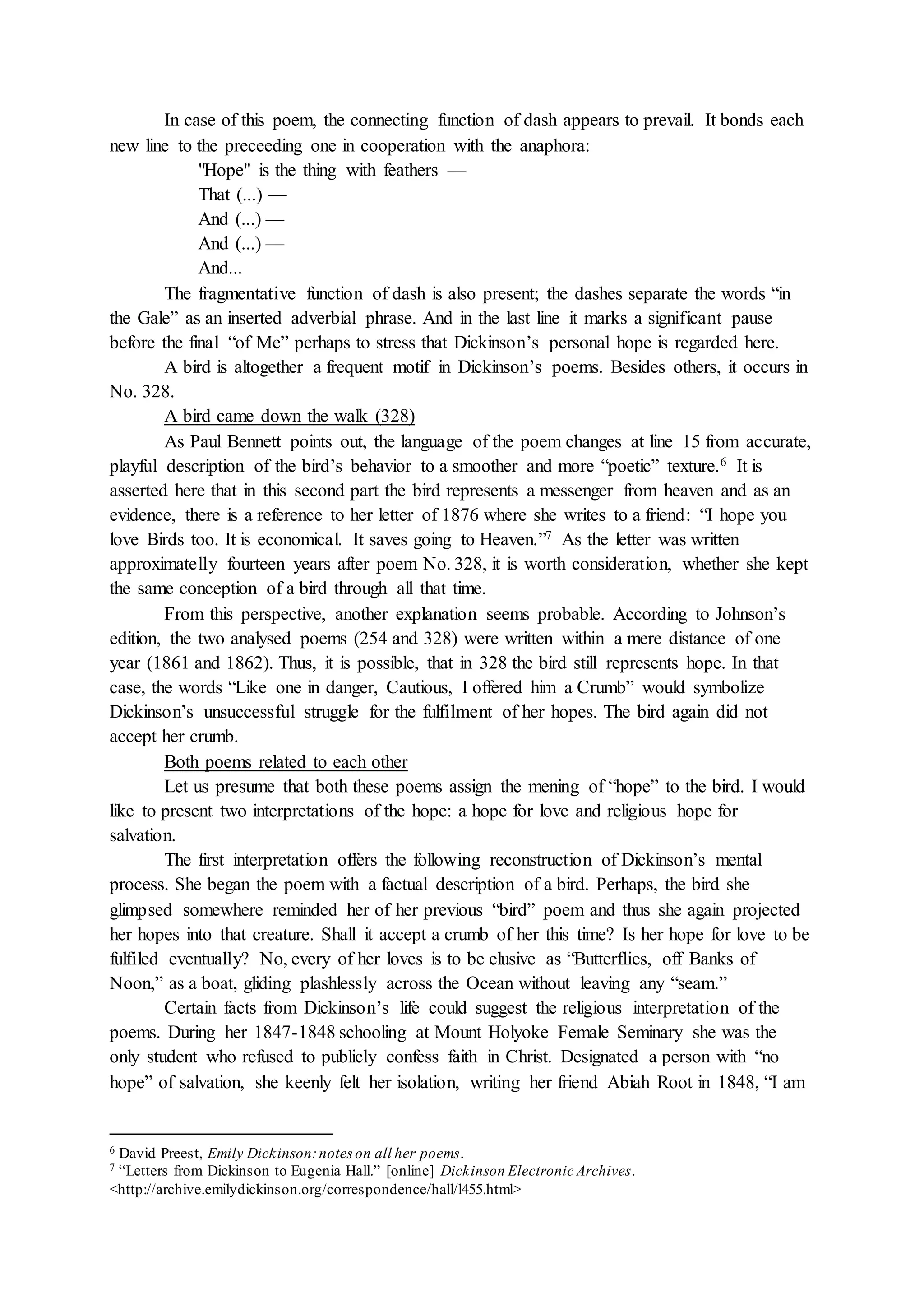 Analysis of Two of Emily Dickinson’s “Bird” Poems | DOCX