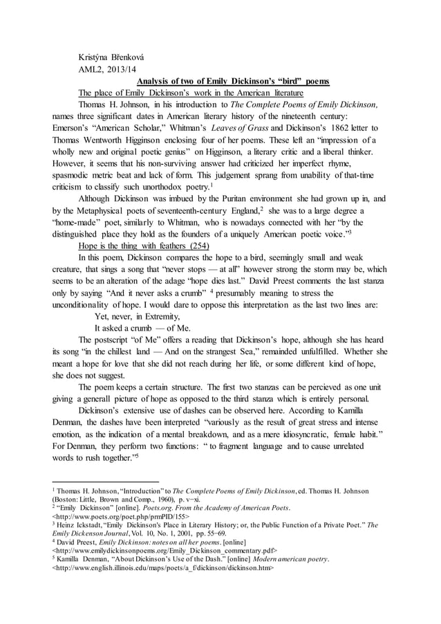 Analysis of Two of Emily Dickinson’s “Bird” Poems | PDF