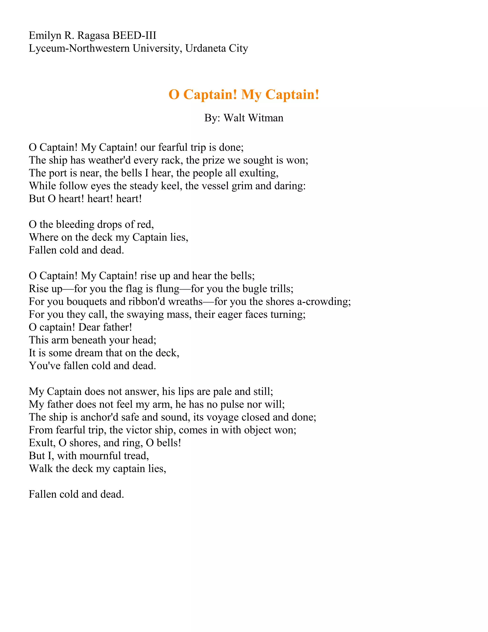 O Captain! My Captain! | DOCX | Poetry | Books and Literature